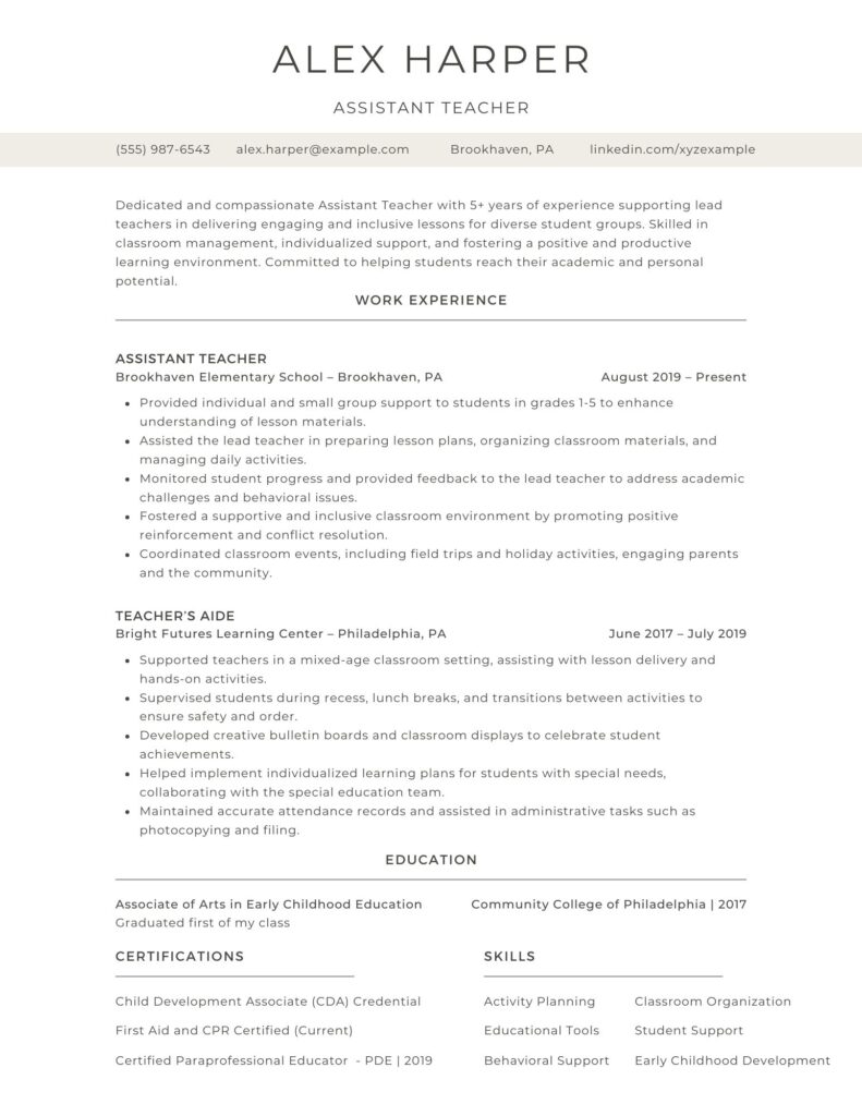 Assistant Teacher Resume Example