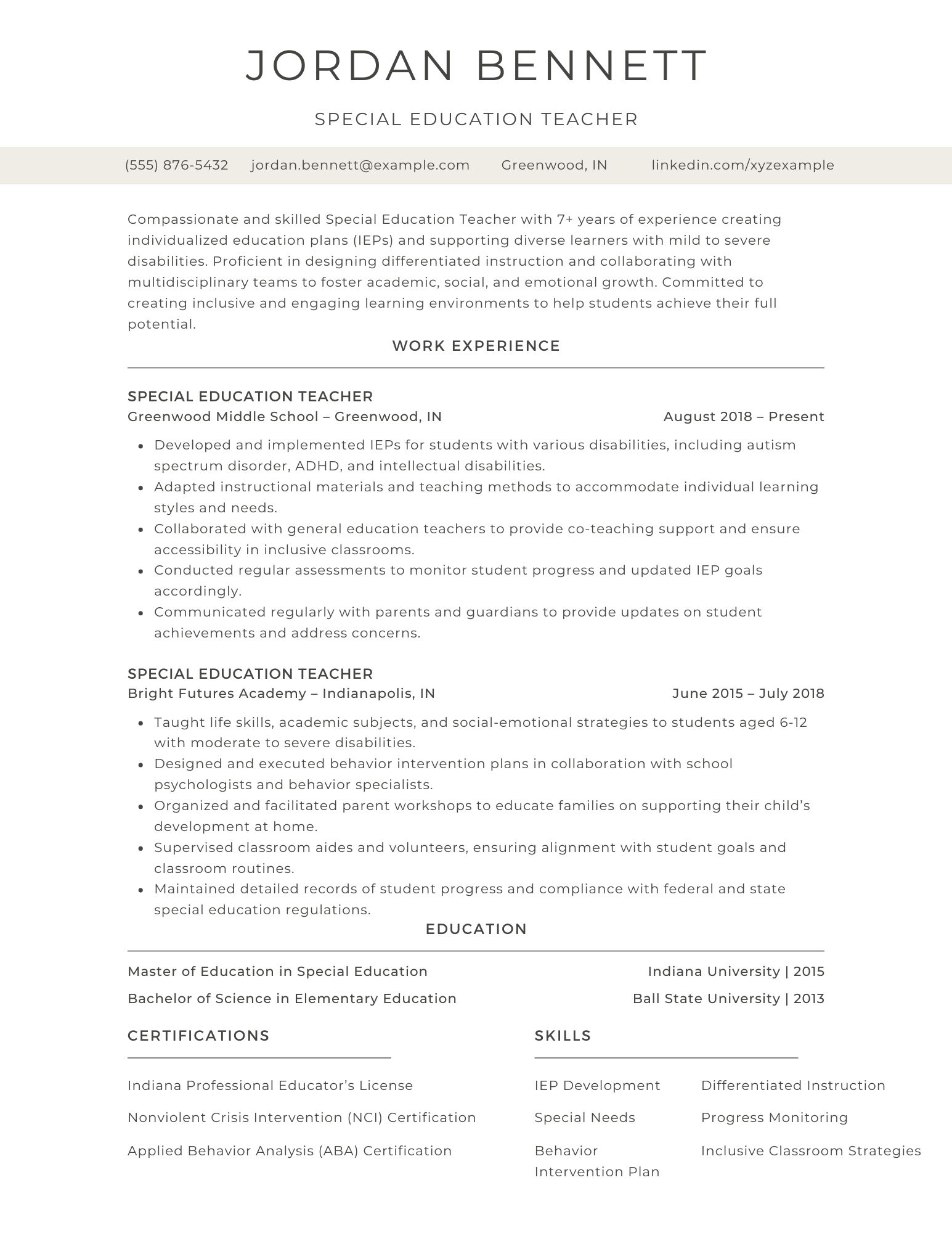 Special Education Resume Example