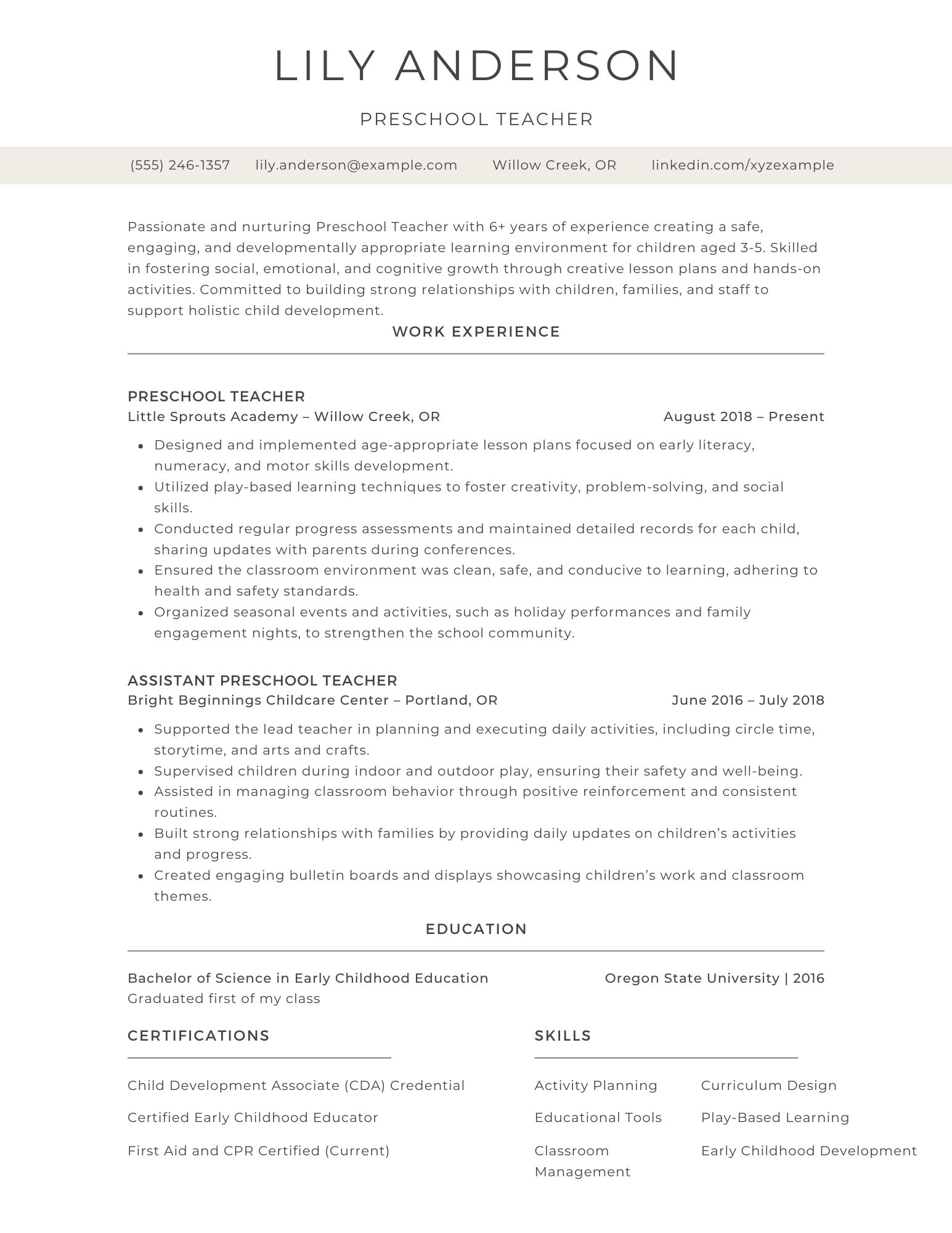 Preschool Teacher Resume Example